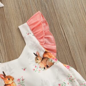 RSRZRCJ Infant Baby Girl Easter Clothes Cute Rabbit Strappy Suspender Overall Ruffle Romper Jumpsuit Bodysuit One Piece (Two Rabbits with Flowers, 0-6 Months)