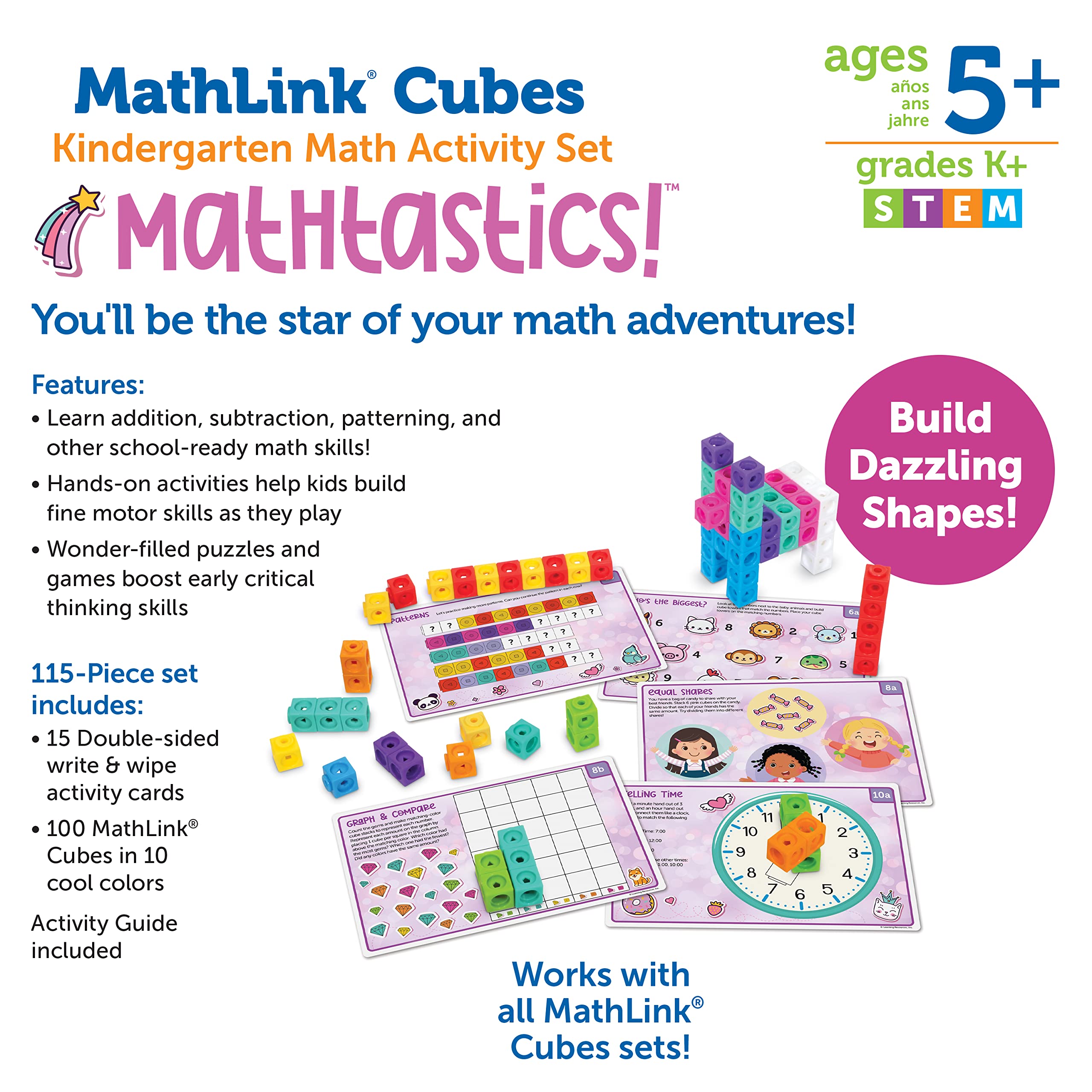 MathLink Cubes Kindergarten Math Activity Set Mathtastics!, Math Teaching Toys, PreKManipulatives, Children’s Math Games, 115 Pieces, Age 5+