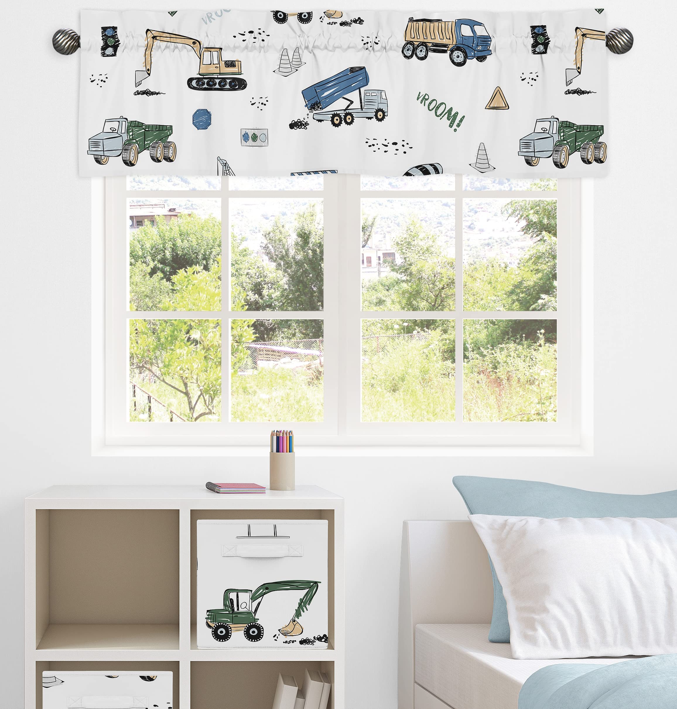 Sweet Jojo Designs Construction Truck Window Treatment Valance - Grey Yellow Black Blue and Green Transportation