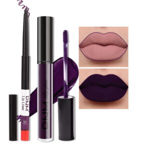 amy's diary 2pcs dark purple lip liner and lipstick matte makeup set,darkest eggplant plum lipstick 24h with lip liner set matt liquid long lasting mate dark plum dark berry lipstick (#20)