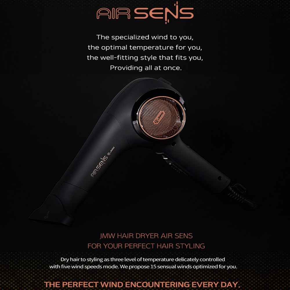 JMW AIR SENS Professional Hair Dryer - 3 Heat X 5 Wind Fast Drying, Low Noise, Curling, Durable, Best Blow Dryer Frizzy Hair, 2 Nozzles & Hair Dryer Comes with Holder for Salon Blowouts and Travel