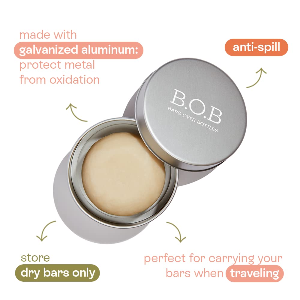 B.O.B BARS OVER BOTTLES Travel Tin Case | Shampoo and Conditioner Storage Container | Travel Size Tins & Soap Saver - 100% Zero Waste | Eco-friendly, Plastic-free | Aluminum | Recyclable | Silver