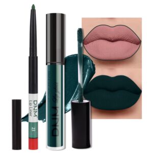 evpct 2pcs matte dark green lipstick and lip liner gloss makeup set dnm matt matte liquid lipstick long lasting set 24h and with lip liner 23#