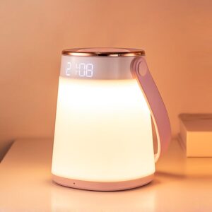 lotuze night light dimmable for kids, rechargeable portable touch lamp with alarm clock, nursery night light with time and temperature display for bedroom, nursery