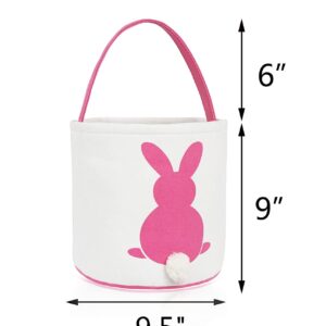 Easter Bunny Basket Bags Fluffy Tails Printed Rabbit Toys Bucket Totes & Carrot Cuff Guard Covers for Kids Canvas Carrying and Eggs Hunt Bags (Pink)