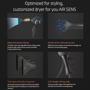 JMW AIR SENS Professional Hair Dryer - 3 Heat X 5 Wind Fast Drying, Low Noise, Curling, Durable, Best Blow Dryer Frizzy Hair, 2 Nozzles & Hair Dryer Comes with Holder for Salon Blowouts and Travel