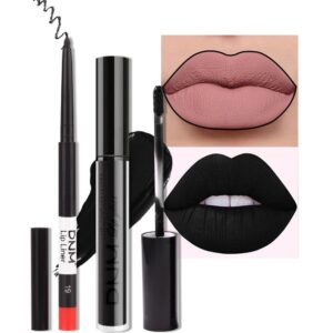 evpct 2pcs black matte liquid lipstick and lip liner gloss stain pencil makeup set dnm long lasting dark matte lipstick 24h and with lip liner set for black women labiales mate 24 horas originales 19#