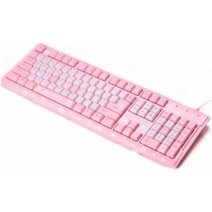 zelhdy gaming keyboard, ergonomic waterproof keyboard, ultra-slim full-size, comfortable keycaps, streamlined design, pink