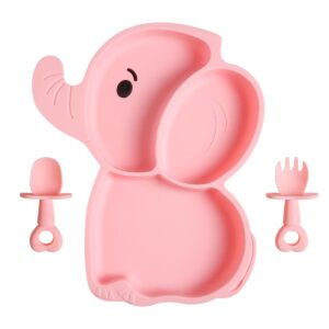 forstree pink silicone suction plate, divided plate for babies and toddlers, adorable elephant shape dish, dishwasher- and microwave-safe, bpa free pink