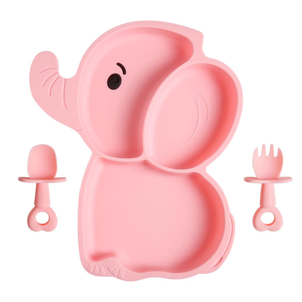 forstree PINK Silicone Suction Plate, Divided Plate for Babies and Toddlers, Adorable Elephant Shape Dish, Dishwasher- and Microwave-Safe, BPA Free PINK