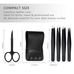 Tweezers Set 5 in 1, Stainless Steel Tweezers and Eyebrow Scissors,Great Precision for Facial Hair, Splinter and Ingrown Hair Removal Black Eyebrow Tweezers