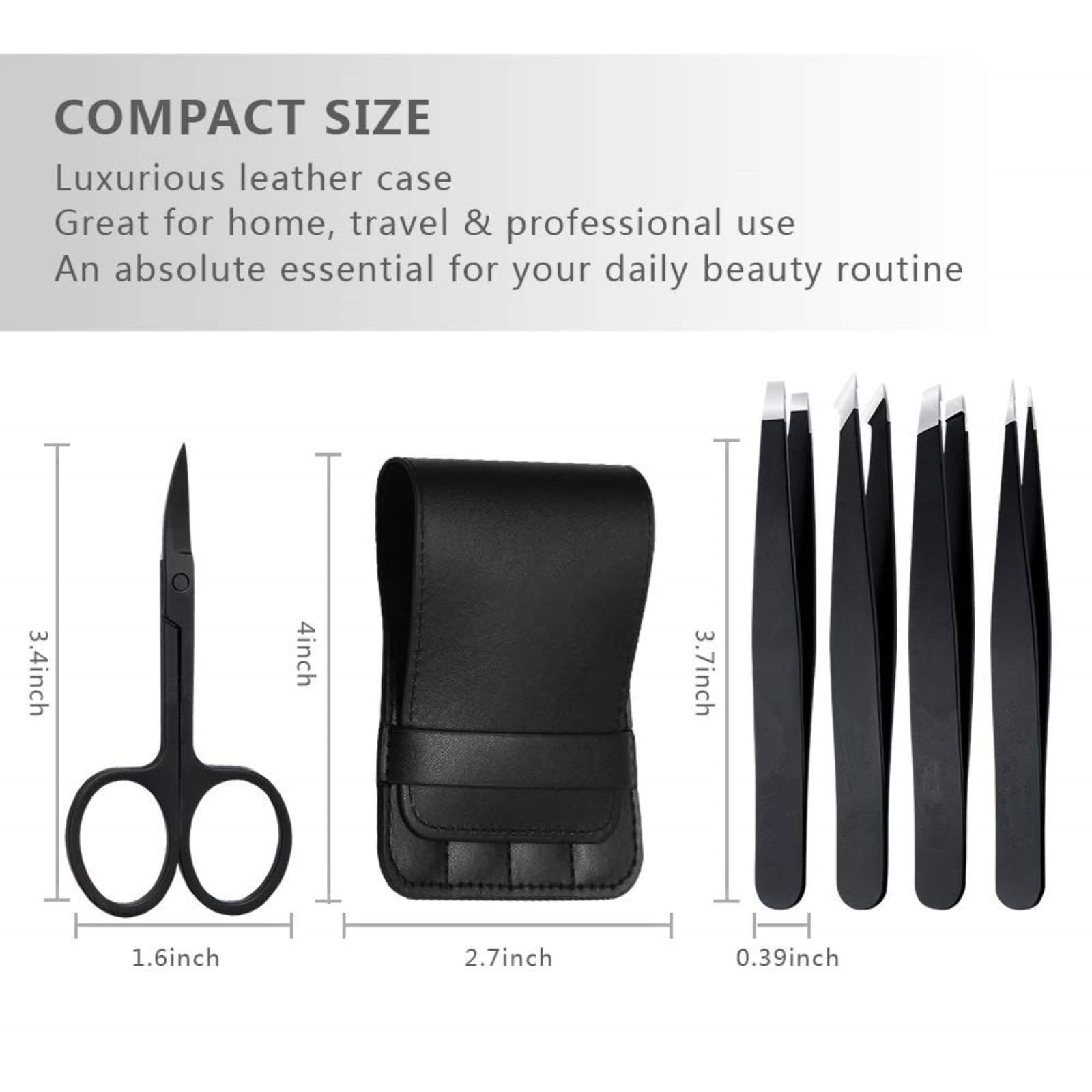 Tweezers Set 5 in 1, Stainless Steel Tweezers and Eyebrow Scissors,Great Precision for Facial Hair, Splinter and Ingrown Hair Removal Black Eyebrow Tweezers