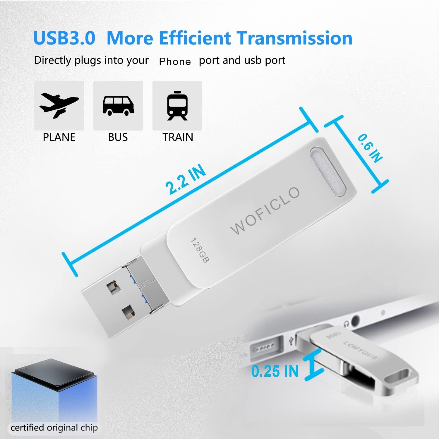 Memory Stick 128GB USB Flash Drive for iPhone WOFICLO USB Stick Photo Storage Compatible iOS/Android//Windows System(Silver-128GB)