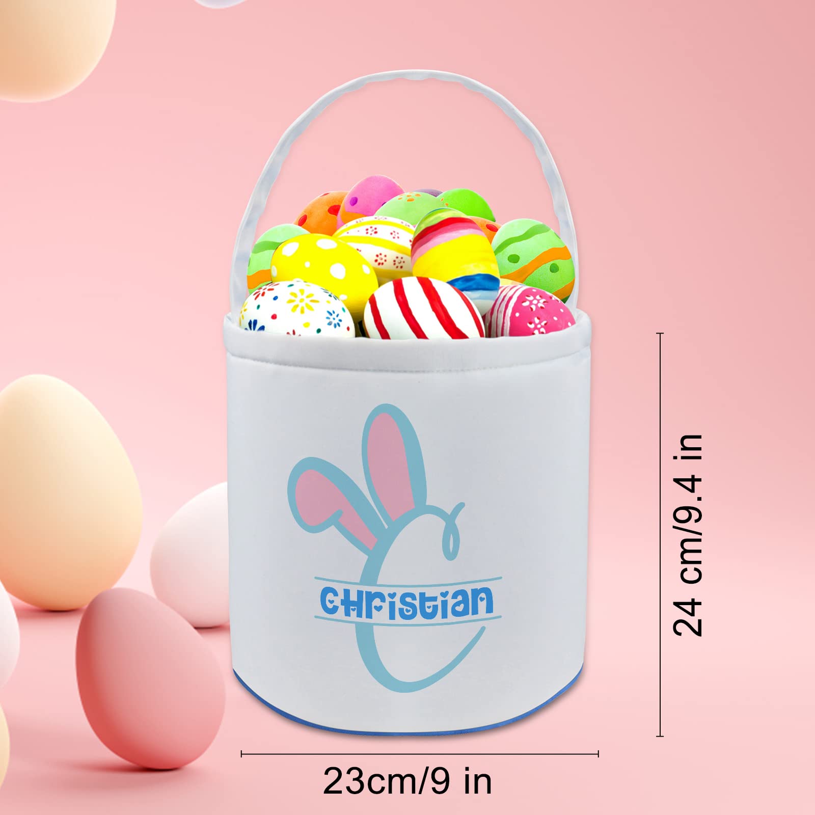 WQingot Personalized Easter Basket Custom with Name Customized Candy Egg Easter Buny Tote Bags Carry for Girls Boys Happy Easter Gift Deco Blue