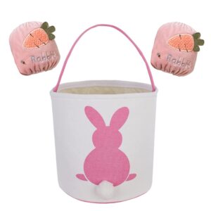 easter bunny basket bags fluffy tails printed rabbit toys bucket totes & carrot cuff guard covers for kids canvas carrying and eggs hunt bags (pink)