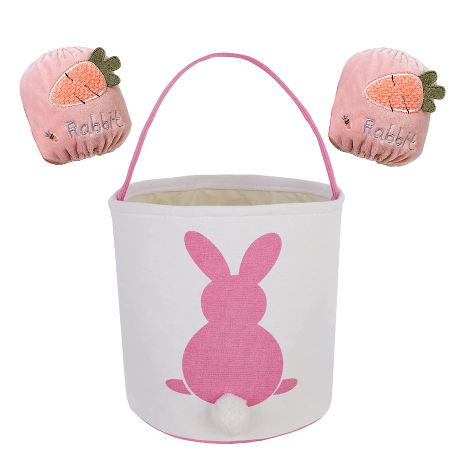 Easter Bunny Basket Bags Fluffy Tails Printed Rabbit Toys Bucket Totes & Carrot Cuff Guard Covers for Kids Canvas Carrying and Eggs Hunt Bags (Pink)