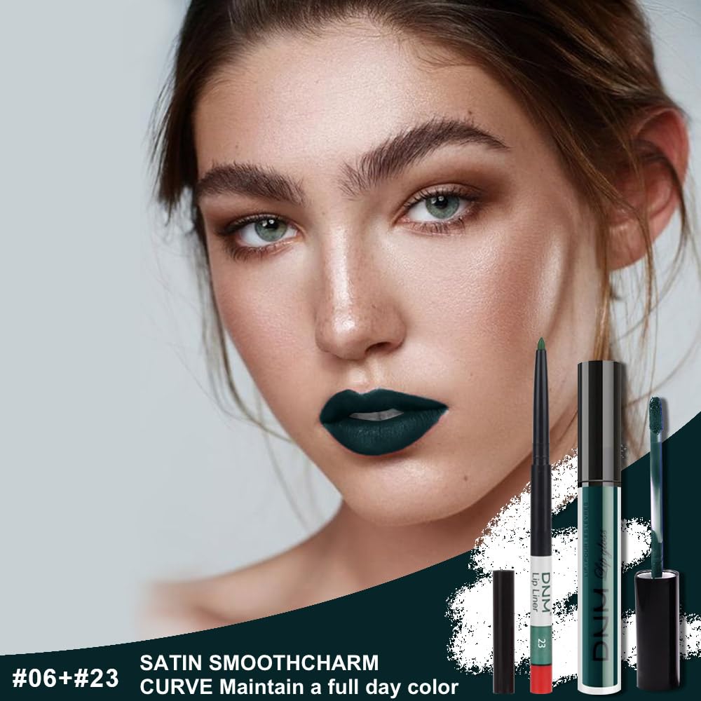 evpct 2Pcs Matte Dark Green Lipstick and Lip Liner Gloss Makeup Set DNM matt Matte Liquid Lipstick Long Lasting Set 24H and with Lip Liner 23#