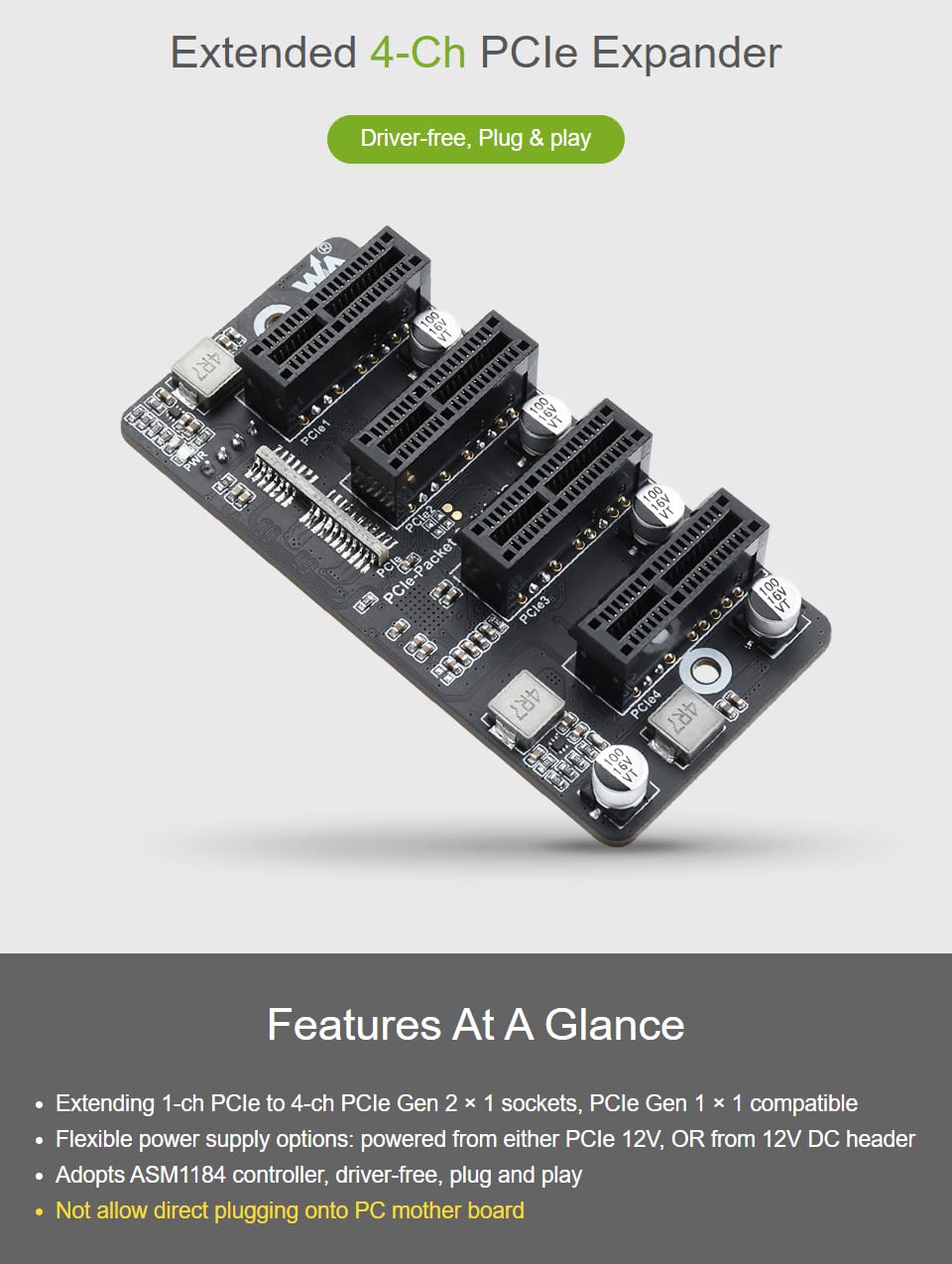 waveshare Extended 4-Ch PCIe Gen 2 ×1 Expander Stable Performance Driver-Free Plug & Play