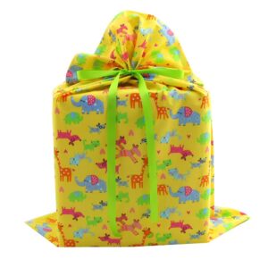 vzwraps momma and baby animals reusable fabric gift bag for baby shower or new baby gift (large 20 inches wide by 27 inches high, yellow)