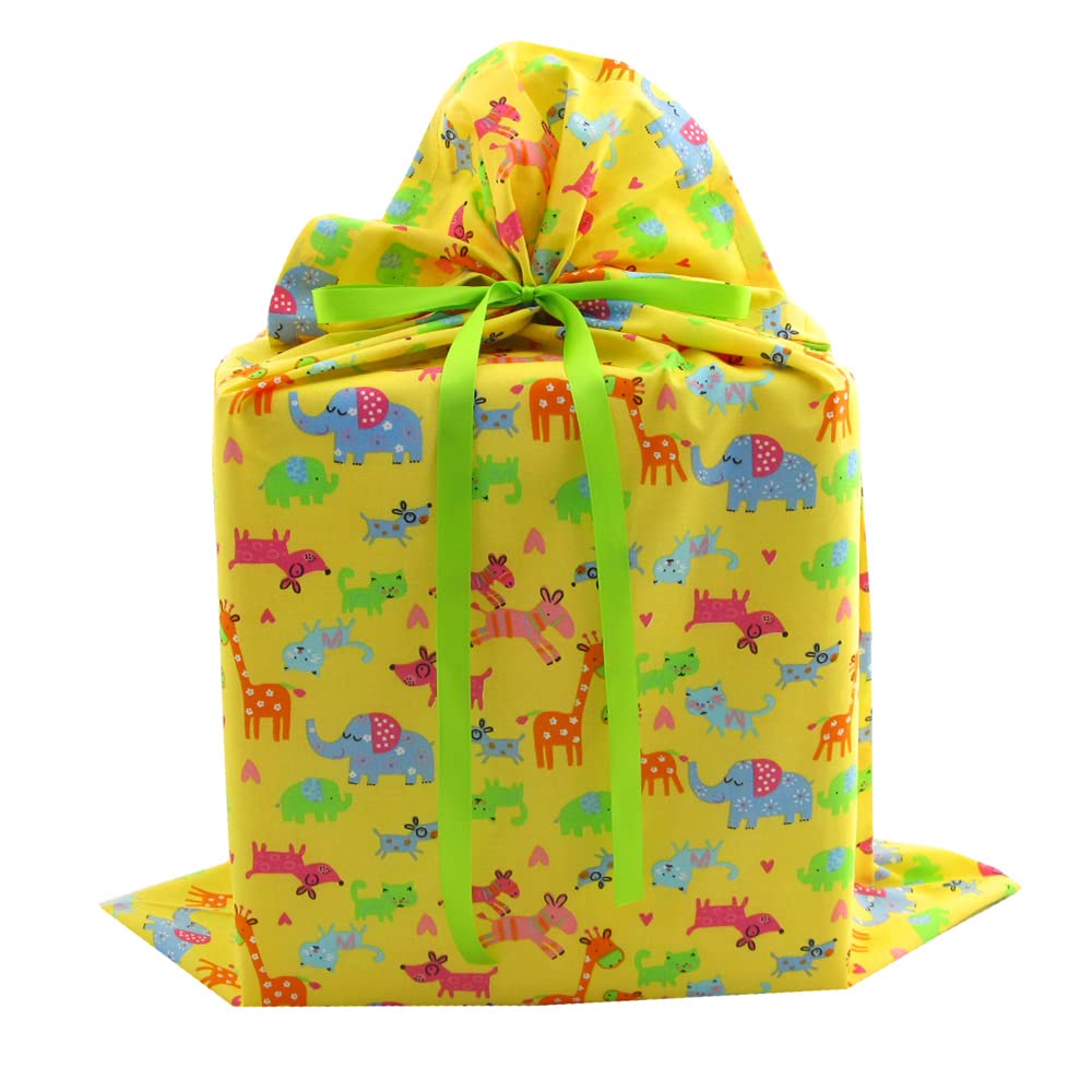 VZWraps Momma and Baby Animals Reusable Fabric Gift Bag for Baby Shower or New Baby Gift (Large 20 Inches Wide by 27 Inches High, Yellow)