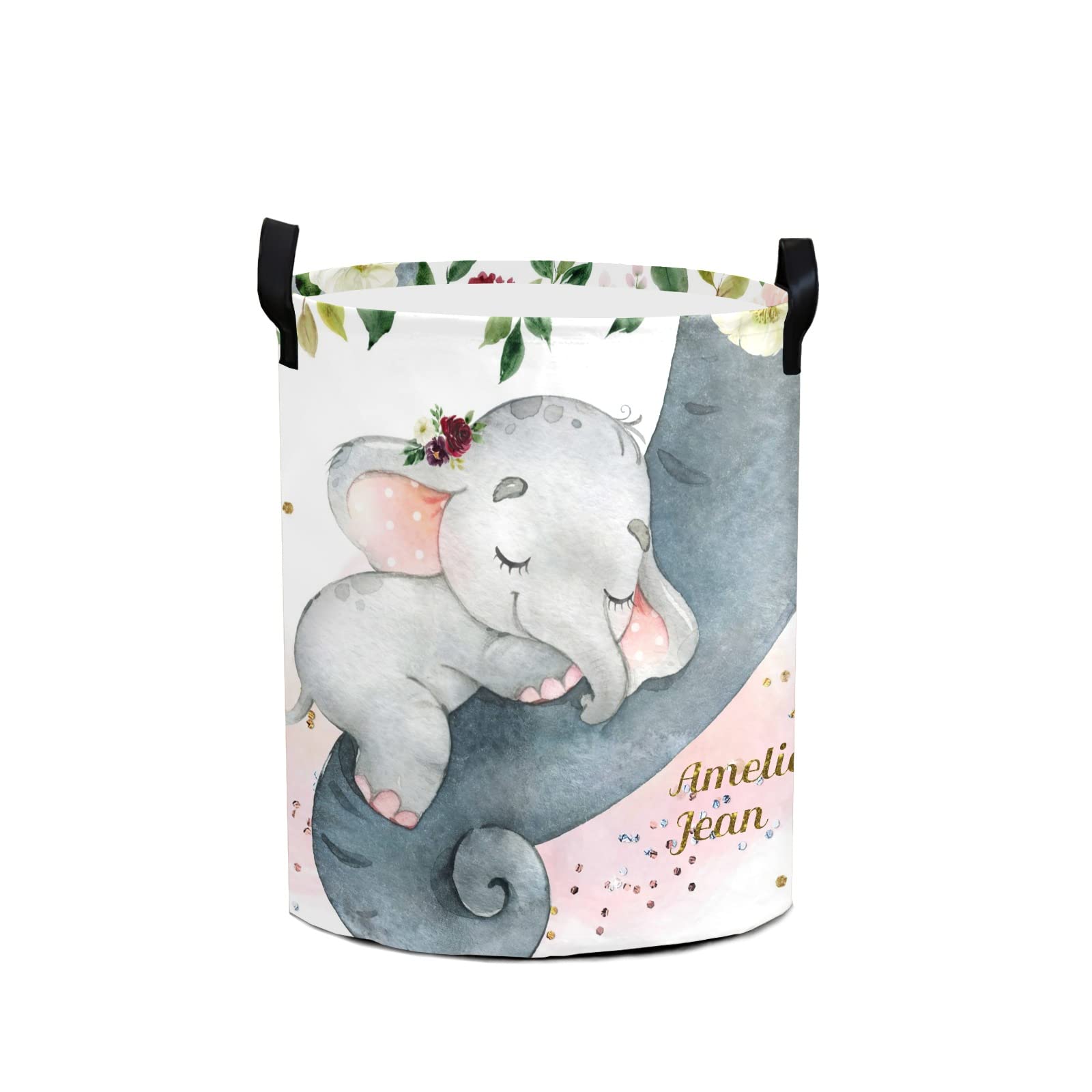 Girl Elephant Pink Floral Storage Bin, Waterproof Oxford Fabric Clothes Basket Organizer for Laundry Hamper,Toy Bins,Gift Baskets, Bedroom, Clothes,Baby Nursery