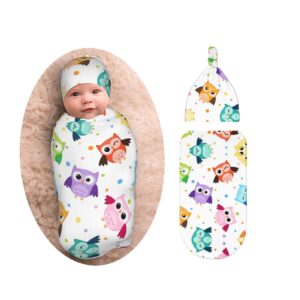 colorful owl baby swaddle blanket and hat set boy girl, soft stretchy sleep sack owl gifts for owl lovers receiving blanket for infants & newborns