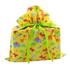 vzwraps momma and baby animals reusable fabric gift bag for baby shower or new baby gift (medium 17 inches wide by 18 inches high, yellow)