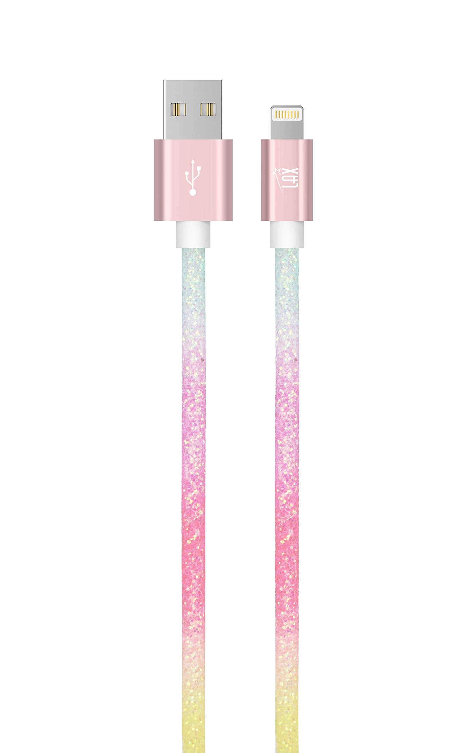 LAX Glitter Nylon Braided [Apple MFi Certified] Fast Charger iPhone Lightning Cable, iPhone Cord Compatible with iPhone 14/13 /12/11 Pro Max/XS MAX/XR/XS/X/8/7/SE/6S/ iPad & More (10FT-Pastel RBOW)