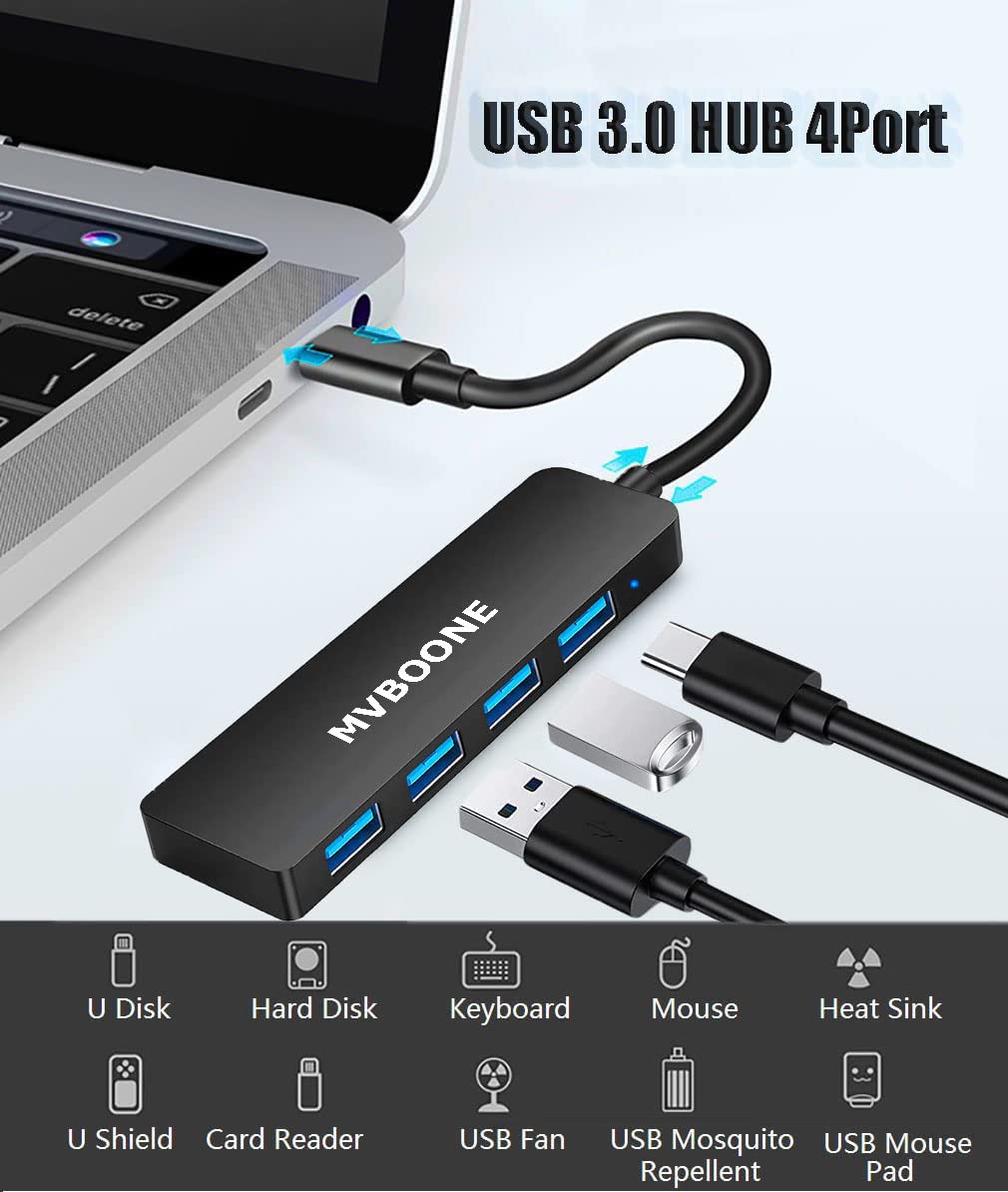 USB C Hub, 4-Port USB 3.0 Hub 5Gbps High Speed Data Transfer, USB Splitter USB Expander for Laptop, Xbox, Flash Drive, HDD, Console, Printer, Camera, Keyborad, Mouse