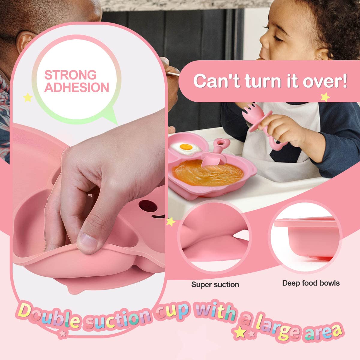 forstree PINK Silicone Suction Plate, Divided Plate for Babies and Toddlers, Adorable Elephant Shape Dish, Dishwasher- and Microwave-Safe, BPA Free PINK