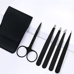 tweezers set 5 in 1, stainless steel tweezers and eyebrow scissors,great precision for facial hair, splinter and ingrown hair removal black eyebrow tweezers