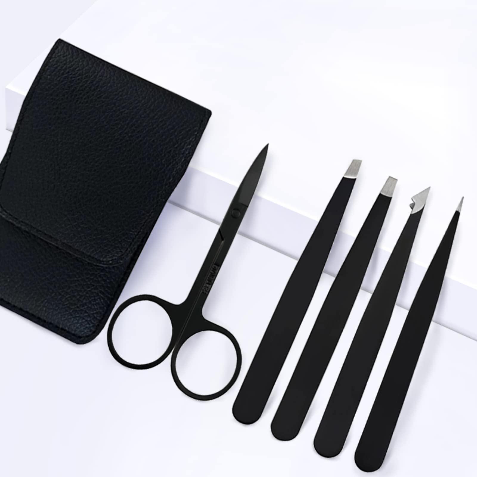 Tweezers Set 5 in 1, Stainless Steel Tweezers and Eyebrow Scissors,Great Precision for Facial Hair, Splinter and Ingrown Hair Removal Black Eyebrow Tweezers