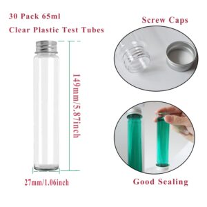 Muhome 30 Pack 65ml Clear Plastic Test Tubes with Screw Caps Flat Bottom, 27×149mm Tubes for Gumball Candy and Beads Storage, Scientific Experiments, Bath Salt DIY Christmas Party Favors