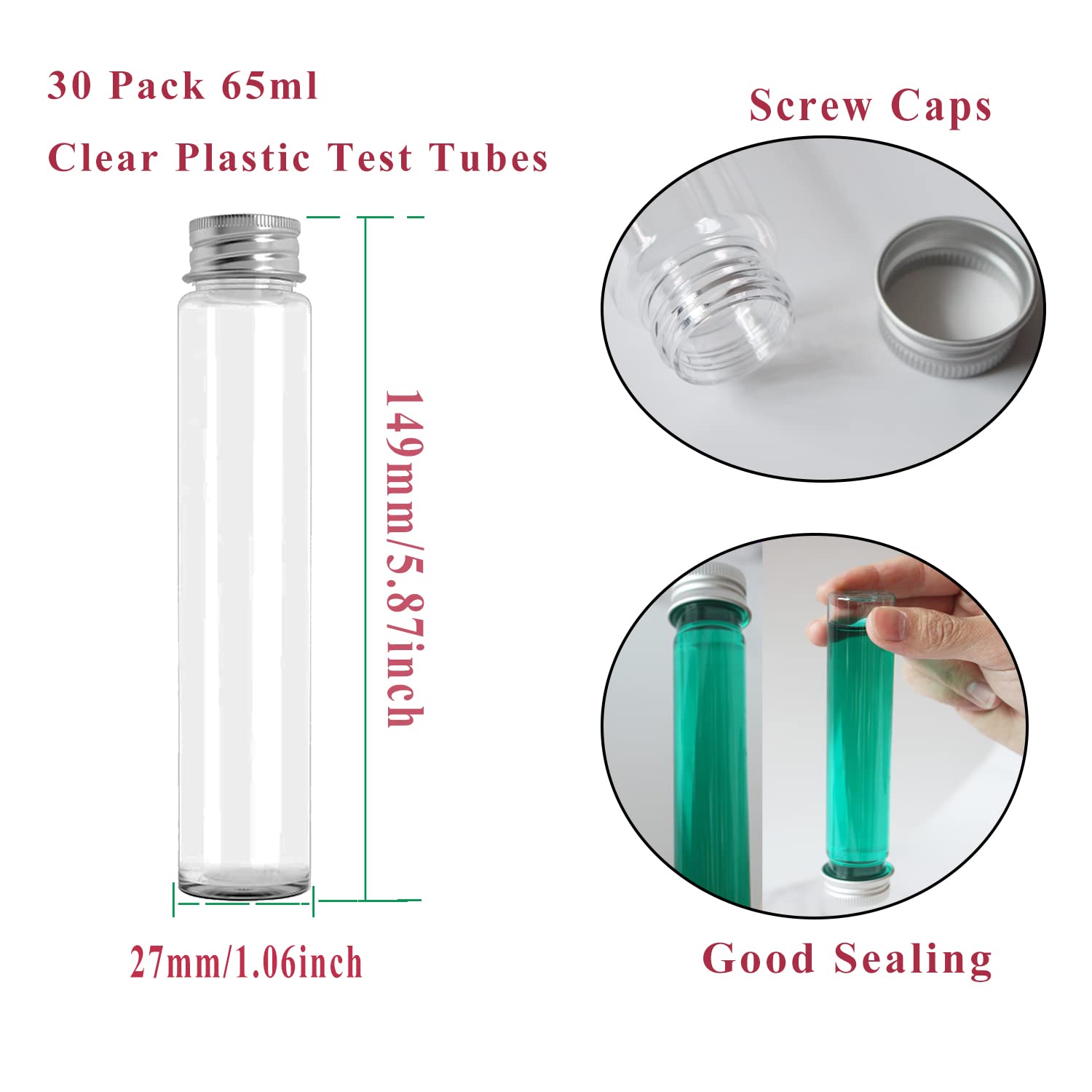 Muhome 30 Pack 65ml Clear Plastic Test Tubes with Screw Caps Flat Bottom, 27×149mm Tubes for Gumball Candy and Beads Storage, Scientific Experiments, Bath Salt DIY Christmas Party Favors