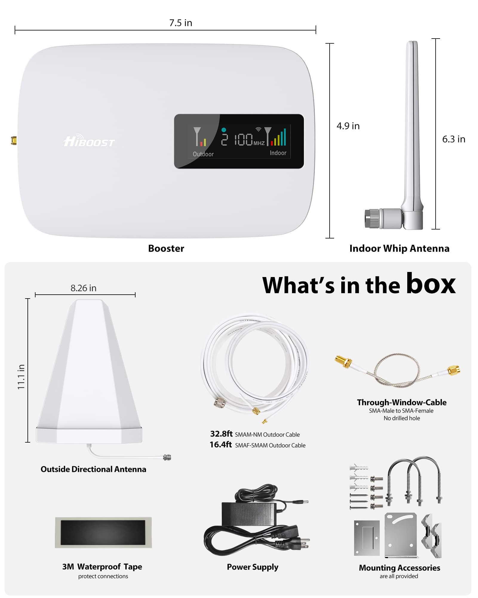 HiBoost Cell Phone Booster for All Carriers| Up to 2000 Sq Ft| Cell Signal Booster Display Screen| High Power Outdoor Receiving Antenna|for 5G/4G/3G LTE |App Service + Install|FCC Approved