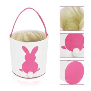 Easter Bunny Basket Bags Fluffy Tails Printed Rabbit Toys Bucket Totes & Carrot Cuff Guard Covers for Kids Canvas Carrying and Eggs Hunt Bags (Pink)