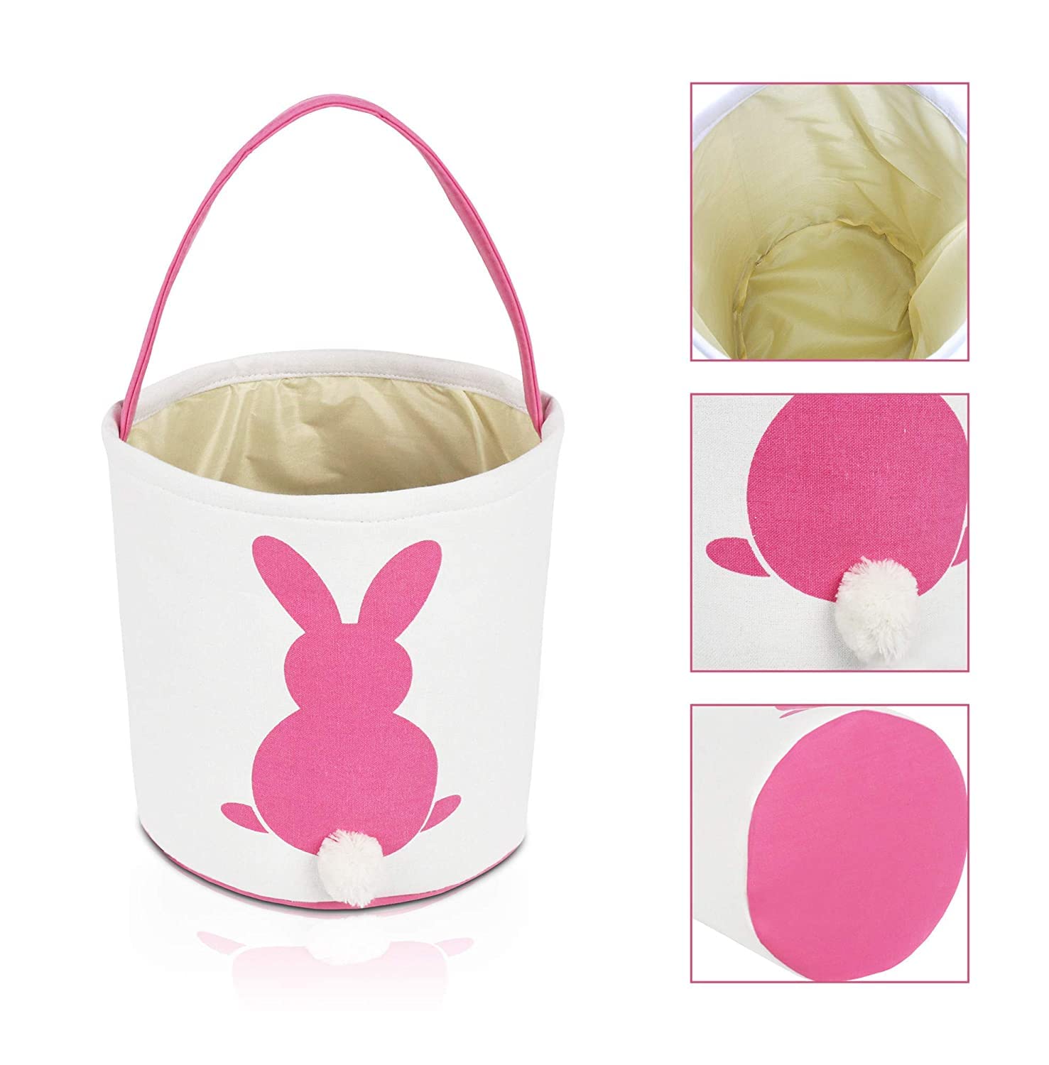 Easter Bunny Basket Bags Fluffy Tails Printed Rabbit Toys Bucket Totes & Carrot Cuff Guard Covers for Kids Canvas Carrying and Eggs Hunt Bags (Pink)