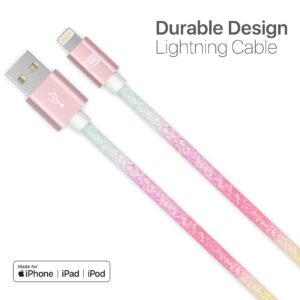 LAX Glitter Nylon Braided [Apple MFi Certified] Fast Charger iPhone Lightning Cable, iPhone Cord Compatible with iPhone 14/13 /12/11 Pro Max/XS MAX/XR/XS/X/8/7/SE/6S/ iPad & More (10FT-Pastel RBOW)