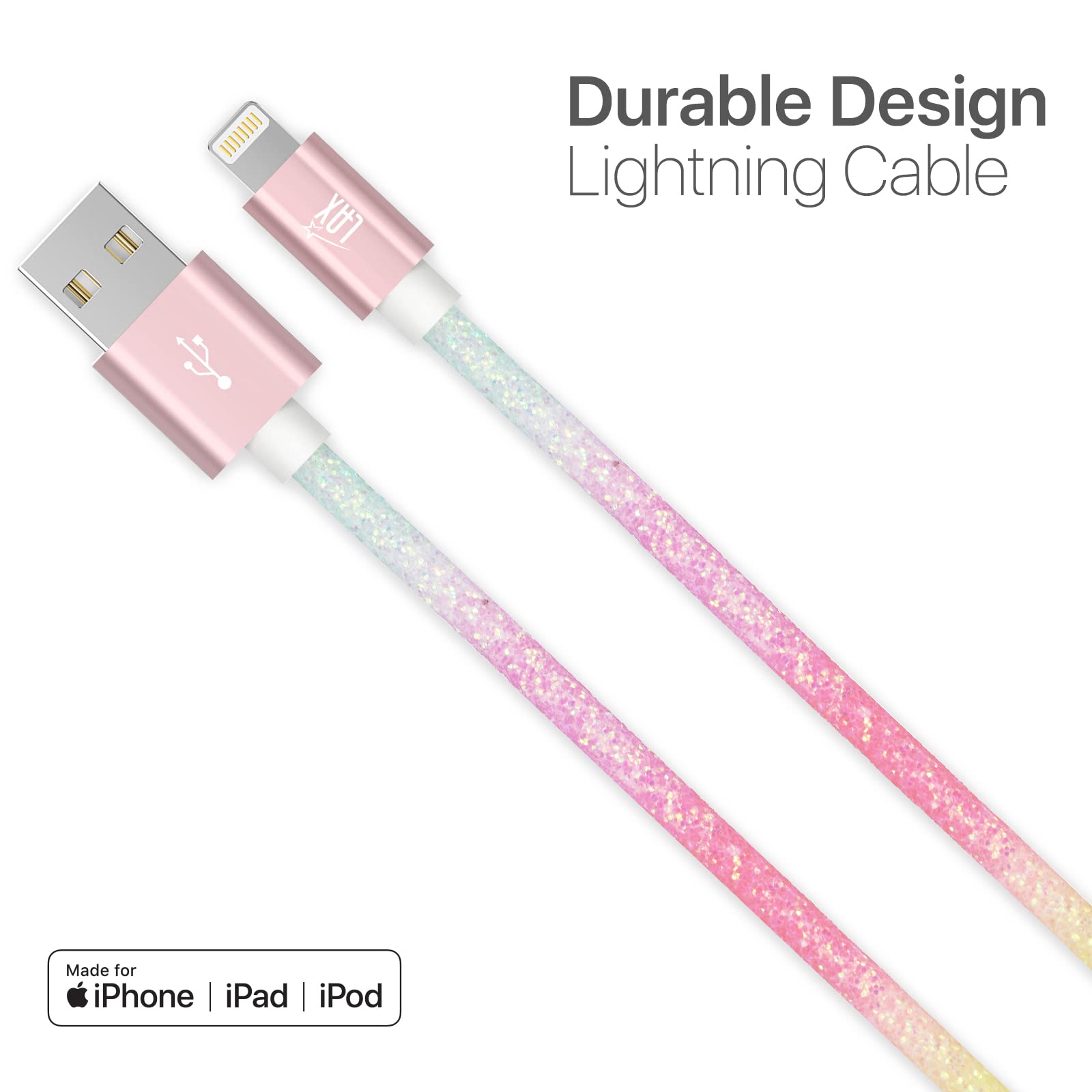 LAX Glitter Nylon Braided [Apple MFi Certified] Fast Charger iPhone Lightning Cable, iPhone Cord Compatible with iPhone 14/13 /12/11 Pro Max/XS MAX/XR/XS/X/8/7/SE/6S/ iPad & More (10FT-Pastel RBOW)