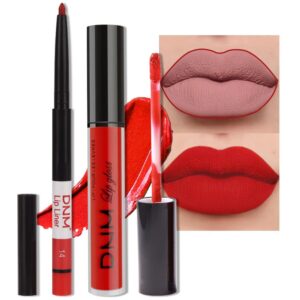 evpct 2pcs ruby red matte lip liner and lipstick combo dnm red lip gloss stains pencil makeup set women waterproof long lasting 24 hours lipstick and lip liner set labiales mate 24 horas originales 14