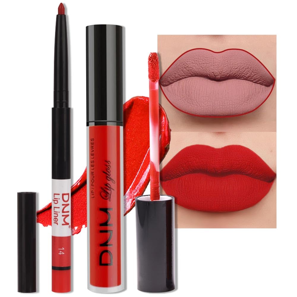 evpct 2Pcs Ruby Red Matte Lip Liner and Lipstick Combo DNM Red Lip Gloss Stains Pencil Makeup Set Women Waterproof Long Lasting 24 Hours Lipstick and Lip Liner Set labiales mate 24 horas originales 14