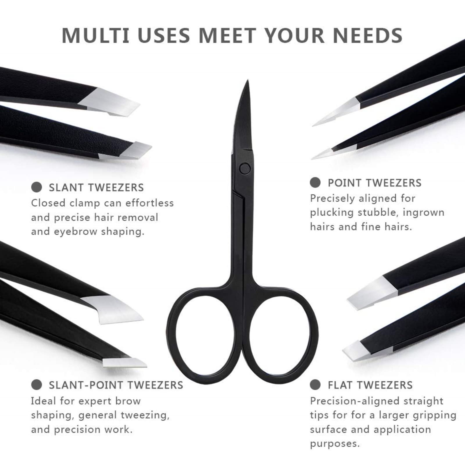 Tweezers Set 5 in 1, Stainless Steel Tweezers and Eyebrow Scissors,Great Precision for Facial Hair, Splinter and Ingrown Hair Removal Black Eyebrow Tweezers