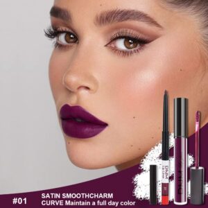 evpct 2Pcs Purple Plum Matte 24-hour Liquid Lipstick and Lip Liner Pencil Makeup Set Women DNM Dark Red Bright Berry Liquid Lipstick Matte Lip Tint 24H and with Lip Liner Set Waterproof Long Lasting 1