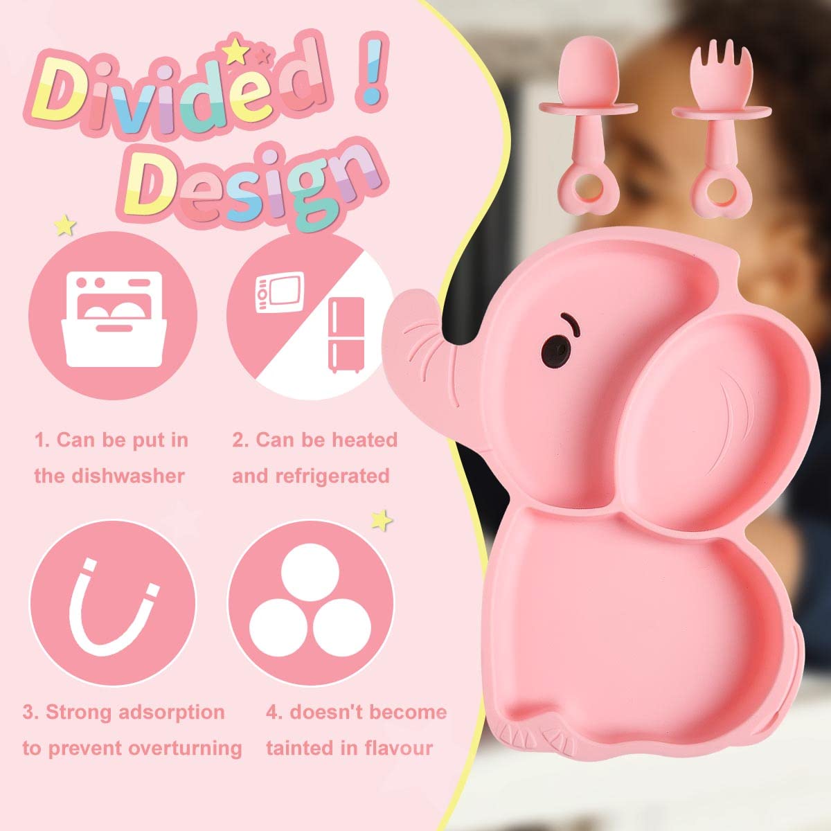 forstree PINK Silicone Suction Plate, Divided Plate for Babies and Toddlers, Adorable Elephant Shape Dish, Dishwasher- and Microwave-Safe, BPA Free PINK