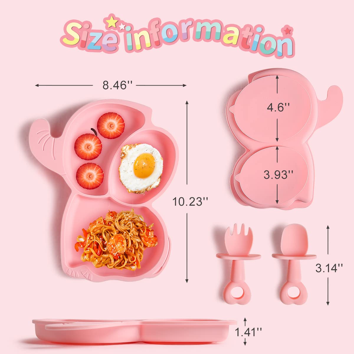 forstree PINK Silicone Suction Plate, Divided Plate for Babies and Toddlers, Adorable Elephant Shape Dish, Dishwasher- and Microwave-Safe, BPA Free PINK