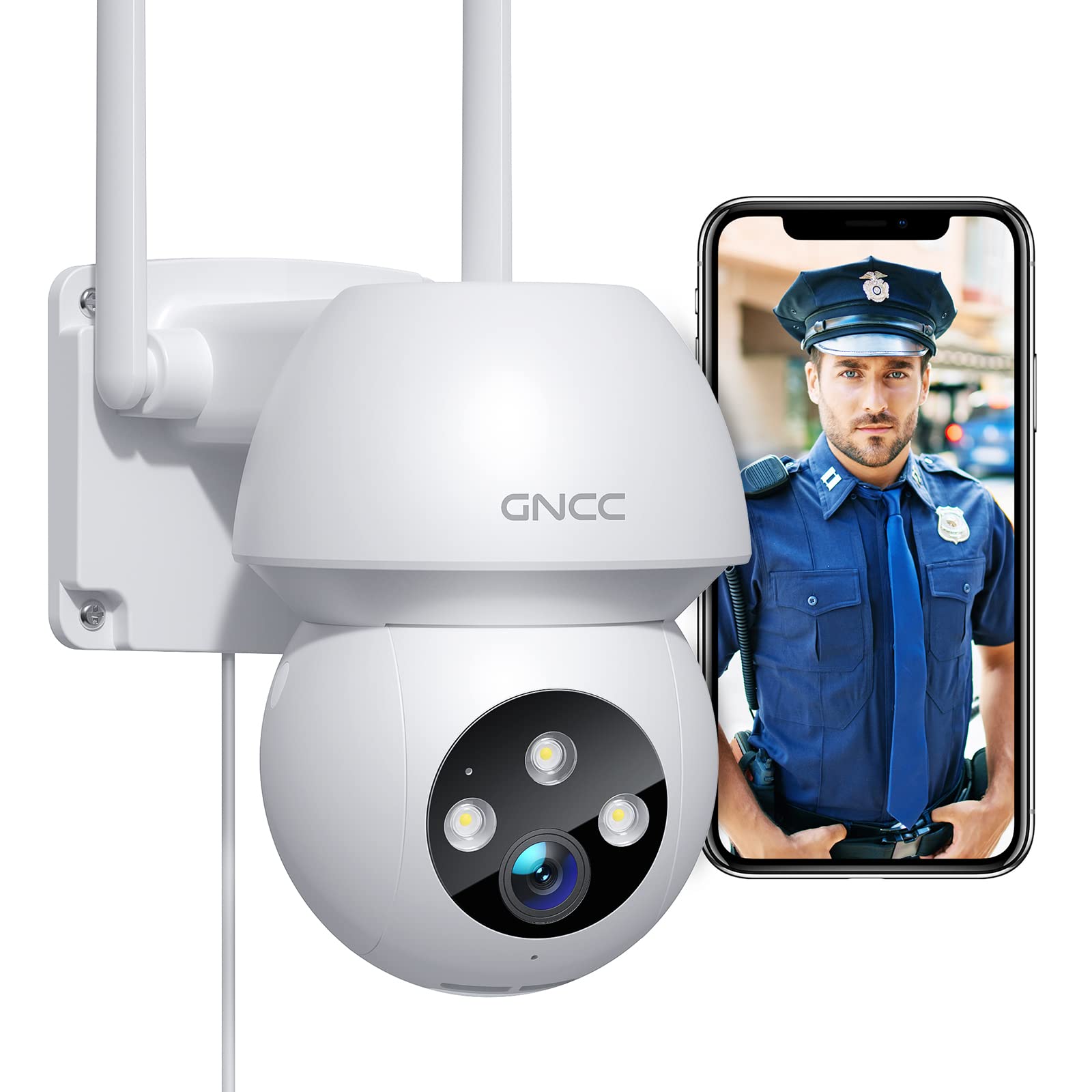 GNCC Security Camera Outdoor 2.4G WiFi Surveillance CCTV Camera, 360° PTZ Auto-Tracking Color Night Vision IP66 Waterproof Camera, Motion Detection Alarm, 2 Way Audio, APP Remote Control K1