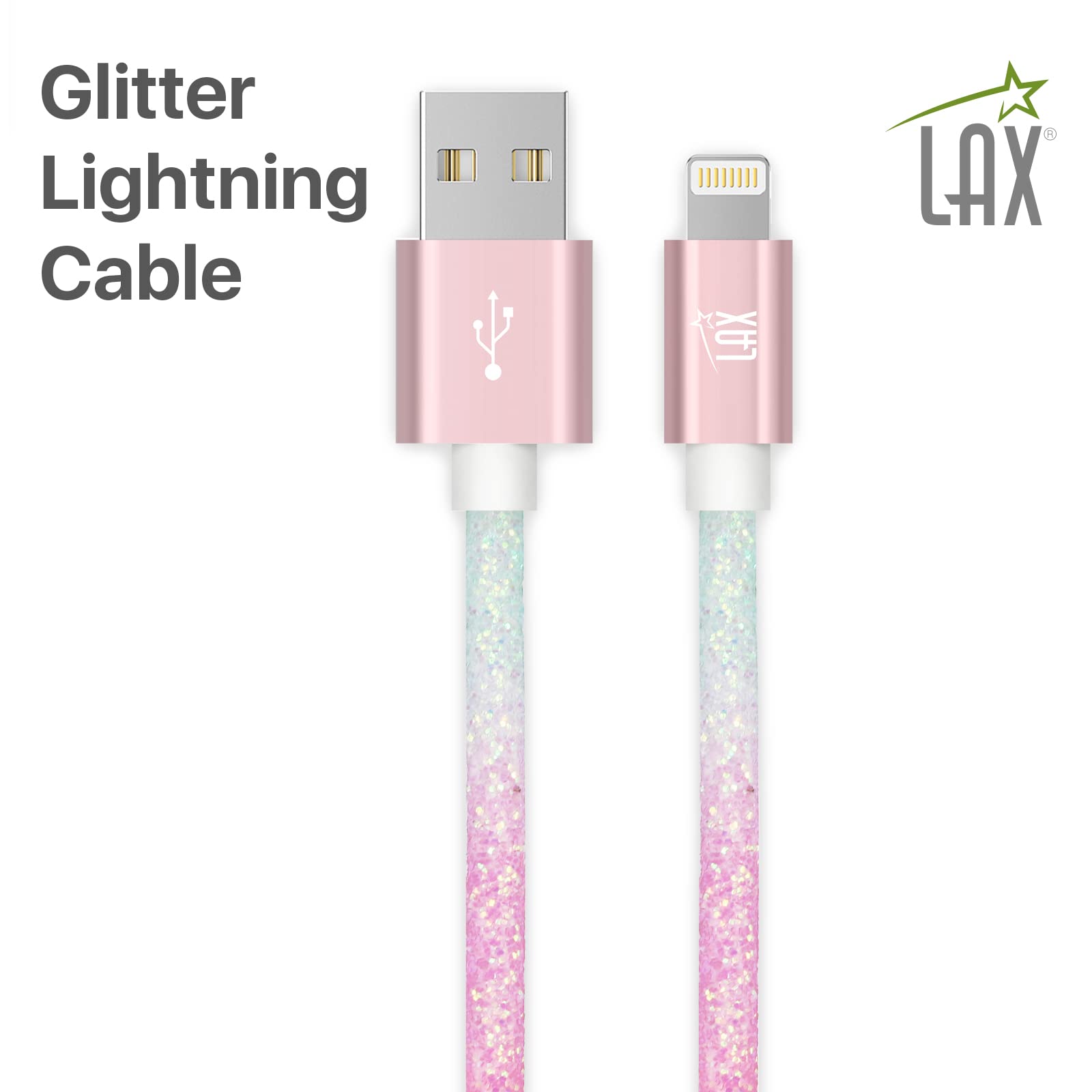 LAX Glitter Nylon Braided [Apple MFi Certified] Fast Charger iPhone Lightning Cable, iPhone Cord Compatible with iPhone 14/13 /12/11 Pro Max/XS MAX/XR/XS/X/8/7/SE/6S/ iPad & More (10FT-Pastel RBOW)