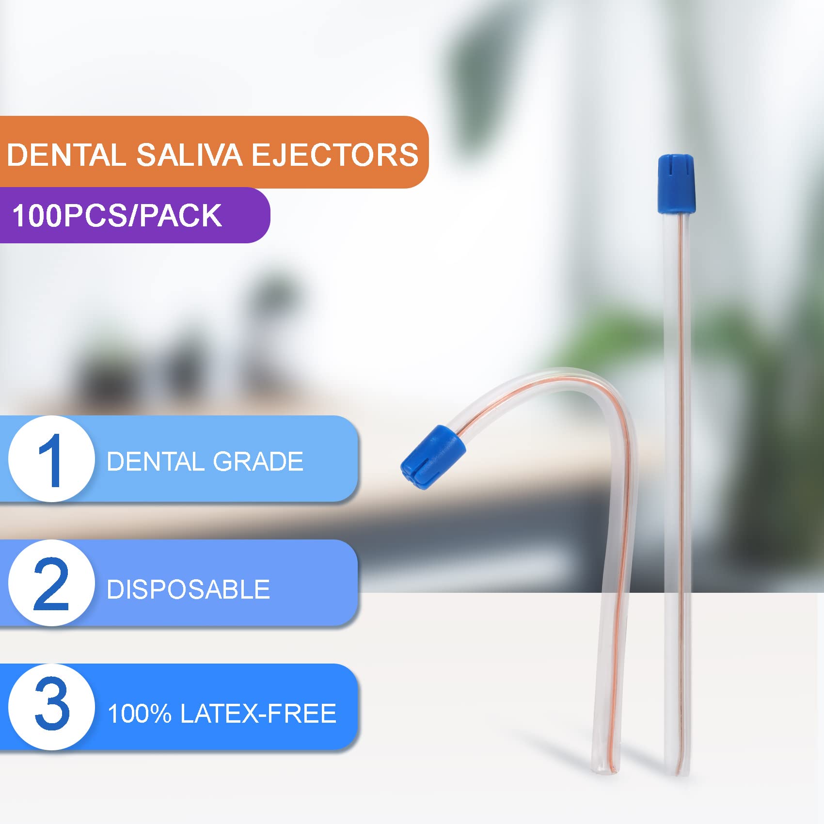 Annhua Saliva Ejectors Disposable Dental Suction Tips Pack of 100, Evacuation Suction Tips Saliva Aspirator Tube Clear with Blue Tips