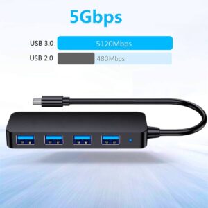 USB C Hub, 4-Port USB 3.0 Hub 5Gbps High Speed Data Transfer, USB Splitter USB Expander for Laptop, Xbox, Flash Drive, HDD, Console, Printer, Camera, Keyborad, Mouse