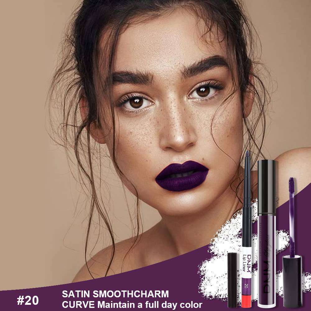 evpct 2Pcs Dark Deep Purple Plum Black Matte lipstick and Lip Liner Pencil Makeup Set for women DNM Matte Smudge Proof Lipstick Lip Stain Long Lasting Waterproof labiales mate 24 horas originales 20#